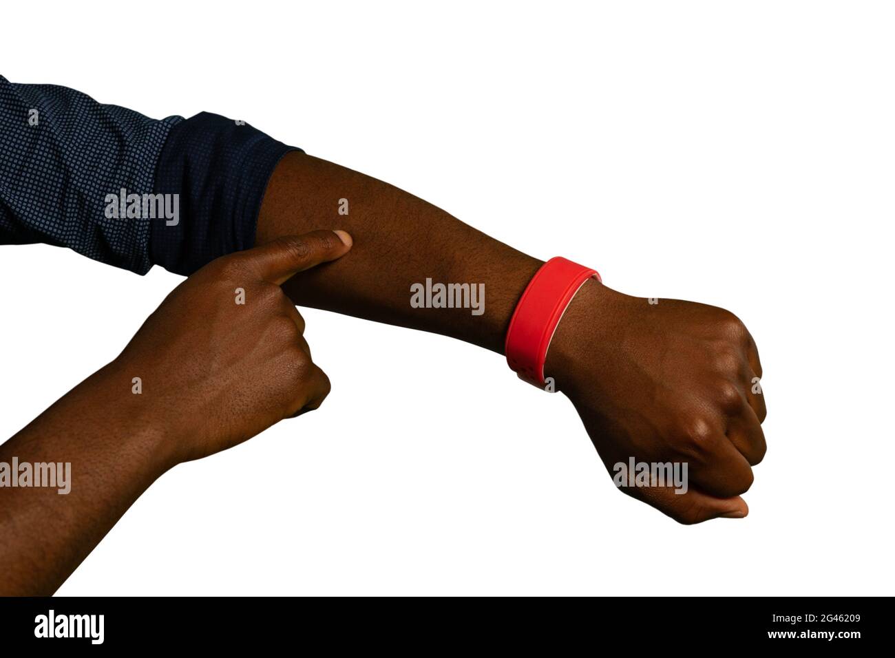 Man pointing to his arm Stock Photo - Alamy