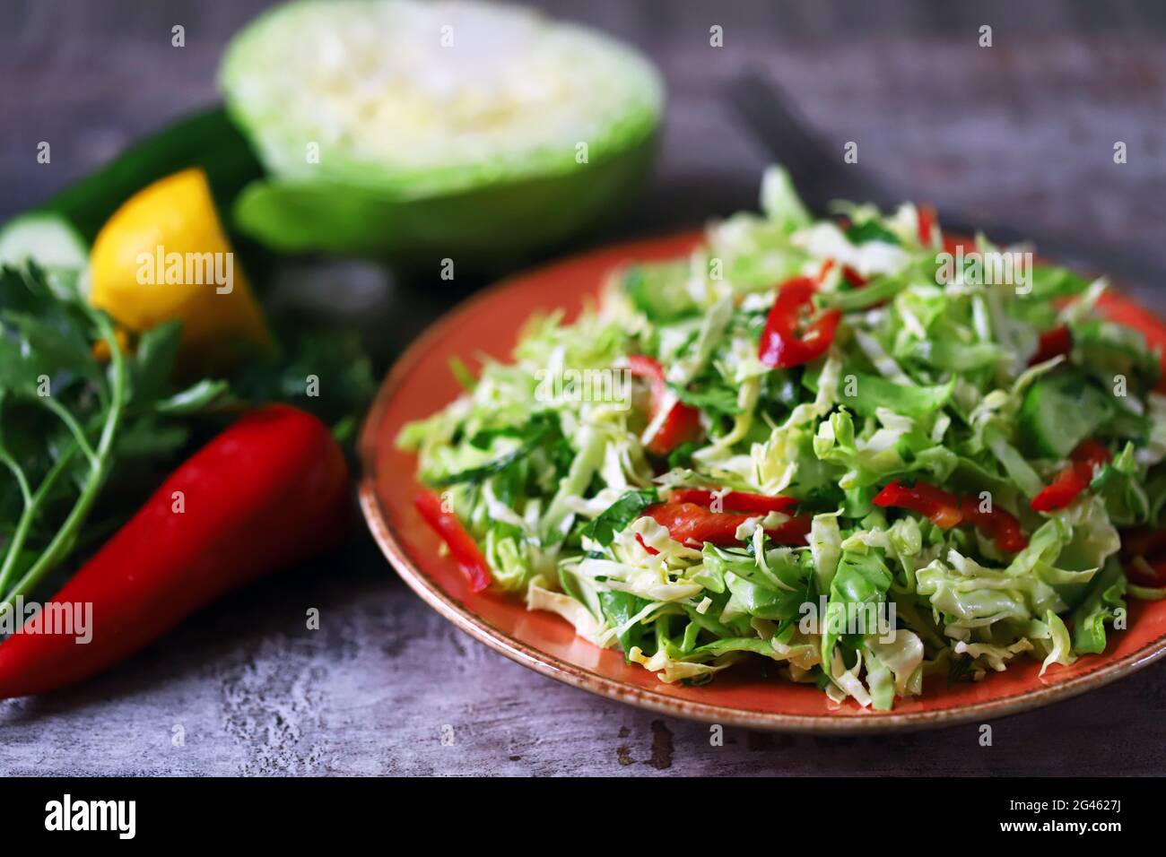Spring salad with cabbage and herbs. Healthy spring salad on a plate ...