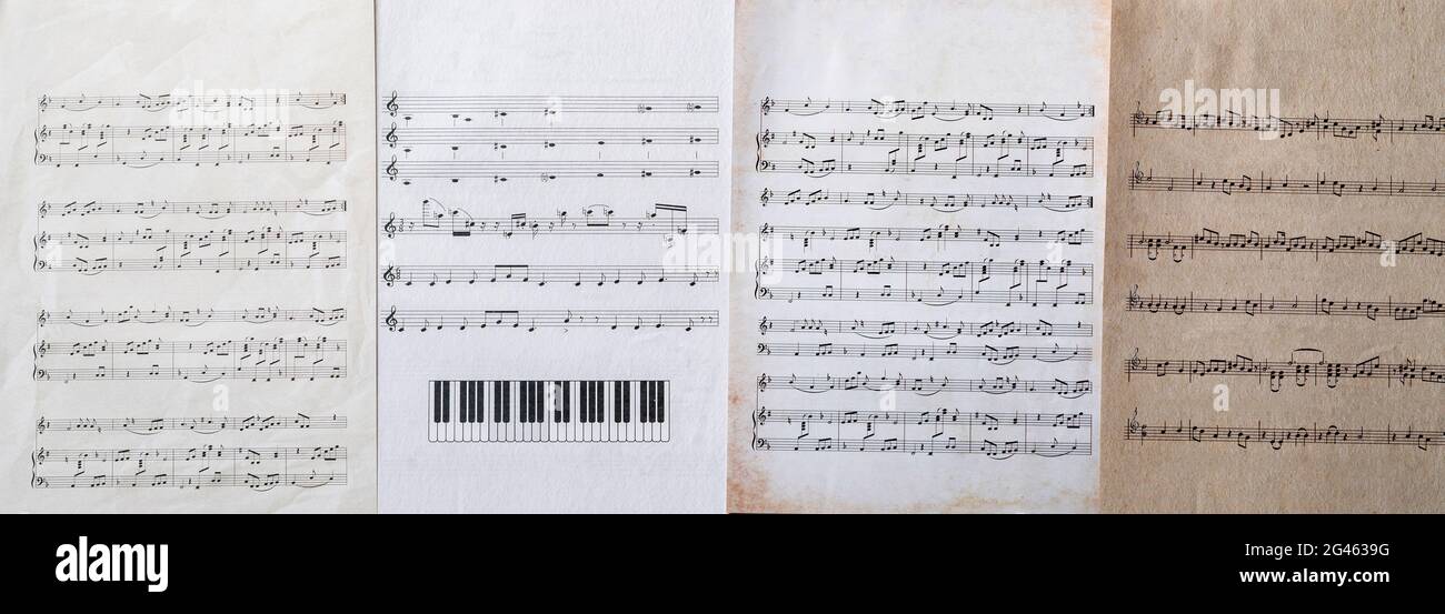 close up ancient old paper sheet with music notes, classic culture arts ...