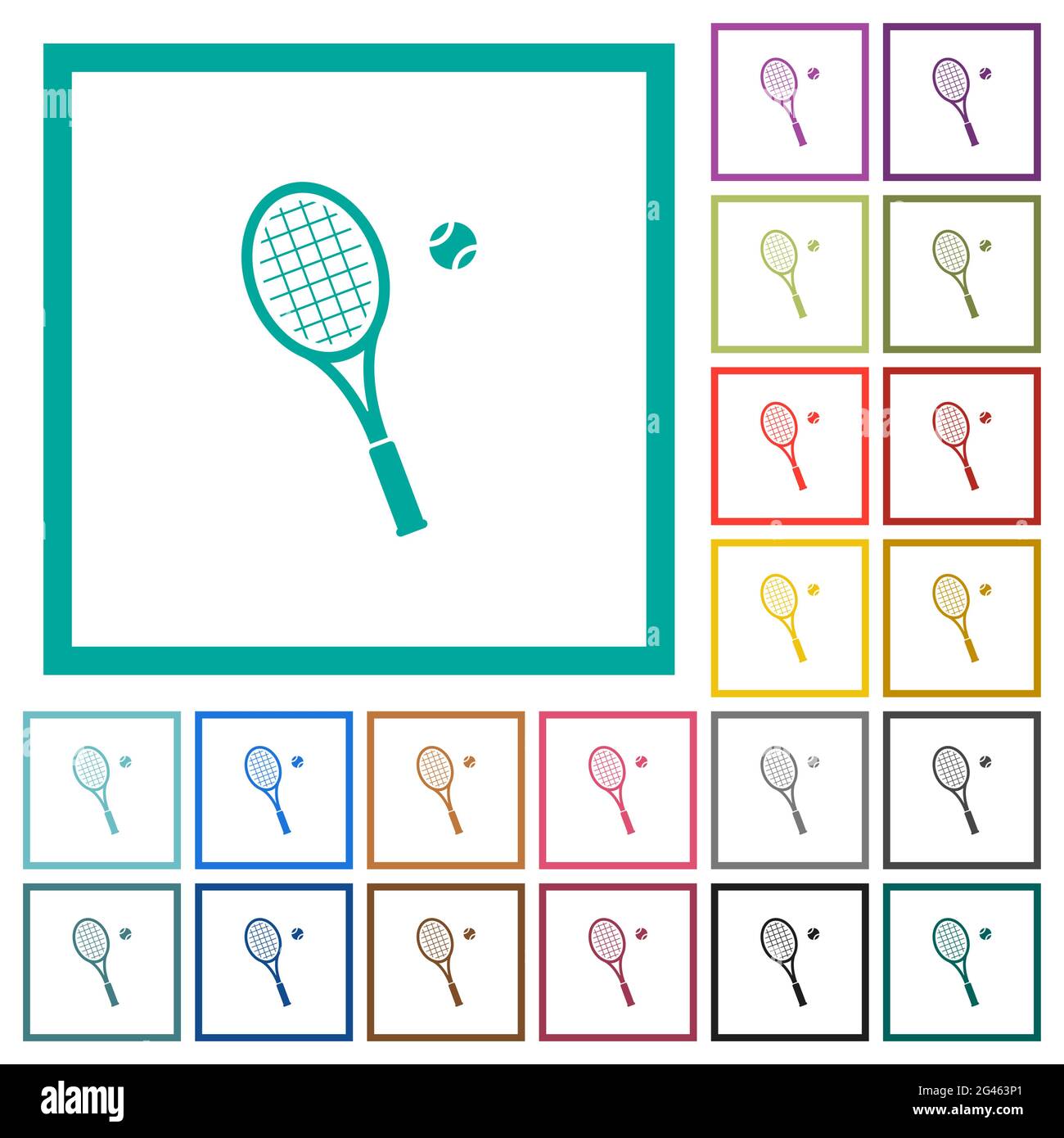 Tennis racket with ball flat color icons with quadrant frames on white ...