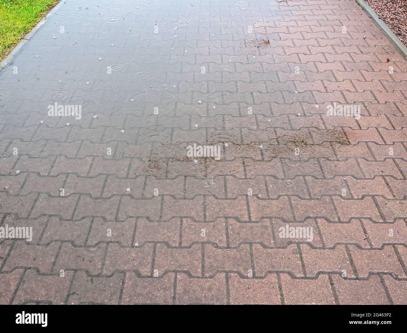 view of path covered by stone tiles in heavy rain on summer day Stock ...