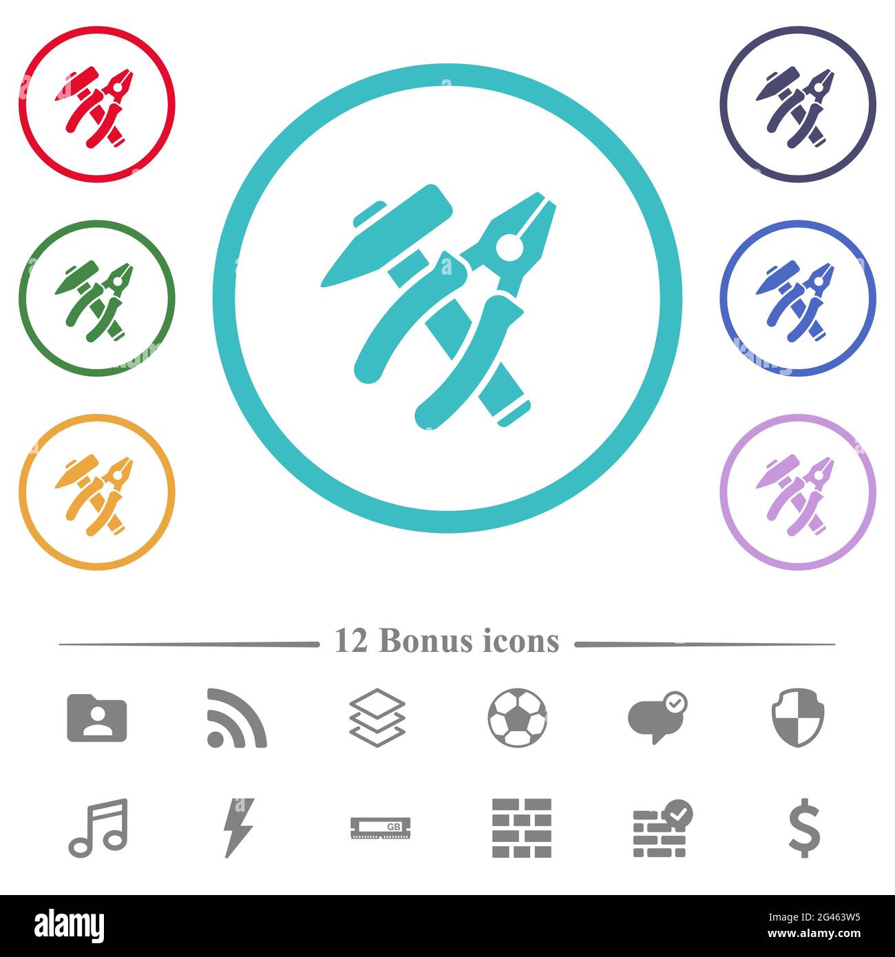 Hammer and combined pliers in crossed position flat color icons in ...