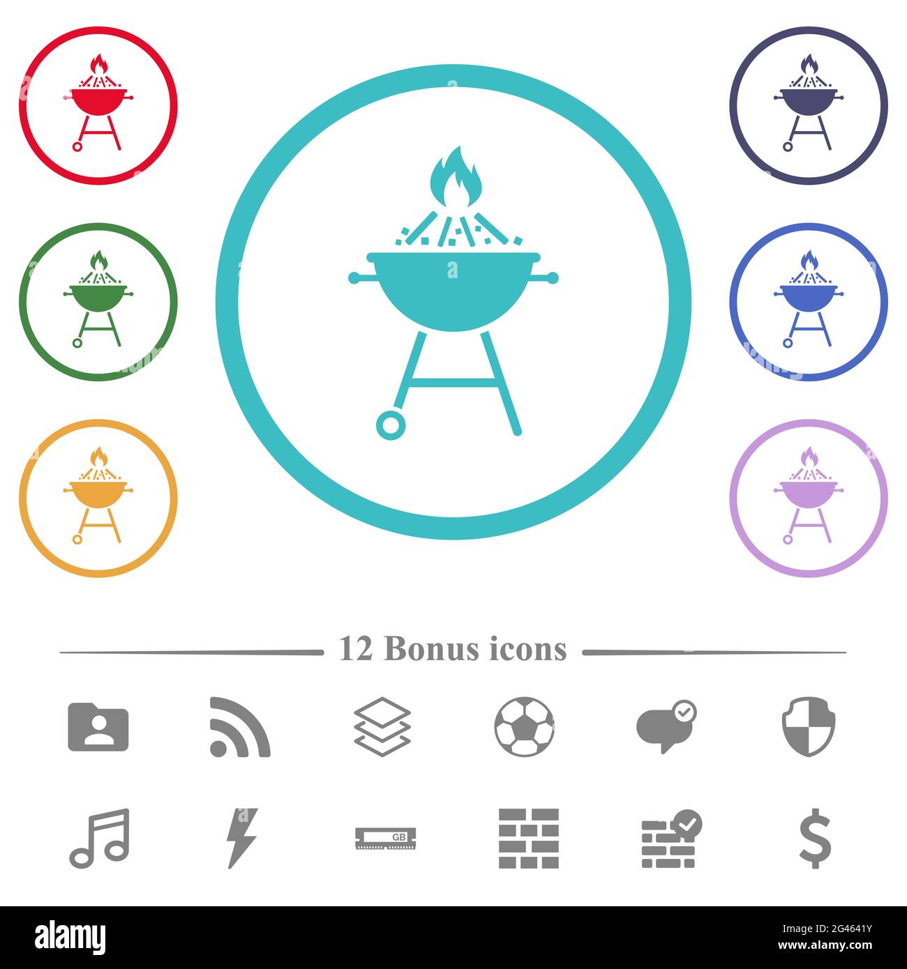 Burning barbecue grill flat color icons in circle shape outlines. 12 ...