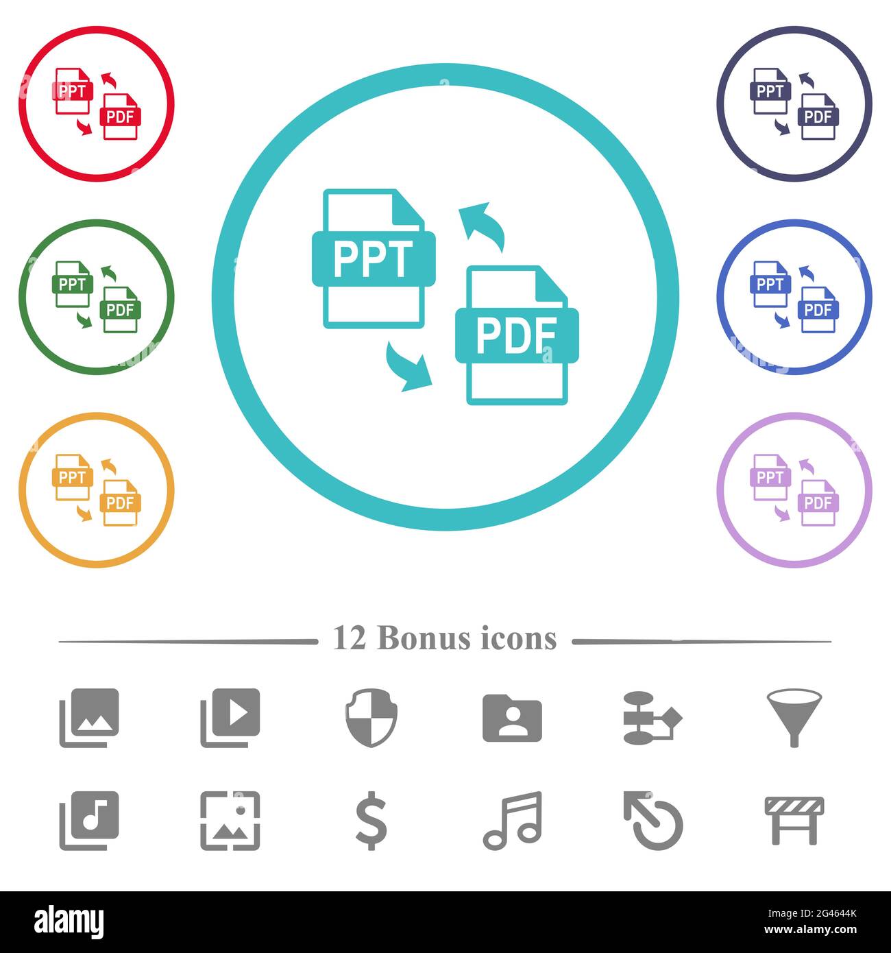 PPT PDF file conversion flat color icons in circle shape outlines. 12 ...
