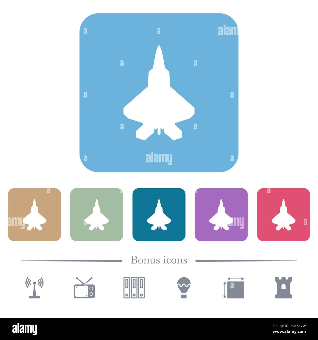 Jet fighter silhouette white flat icons on color rounded square backgrounds. 6 bonus icons ...