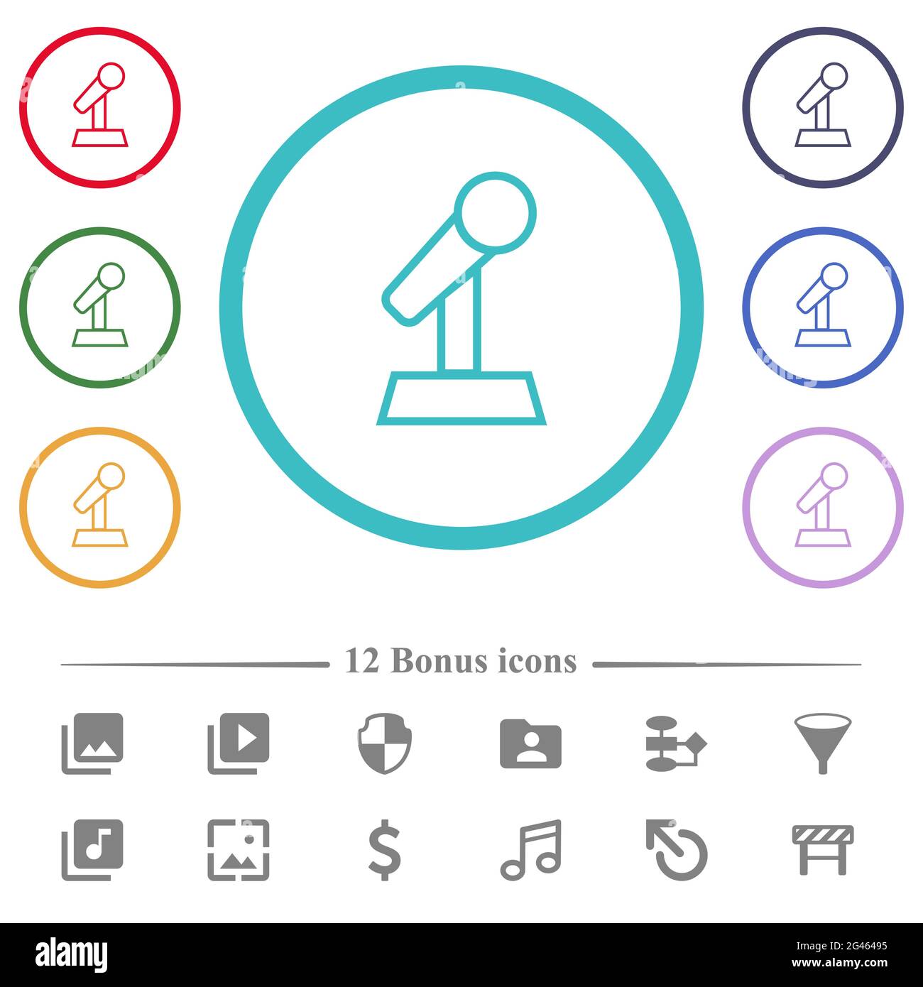 Microphone with stand outline flat color icons in circle shape outlines ...