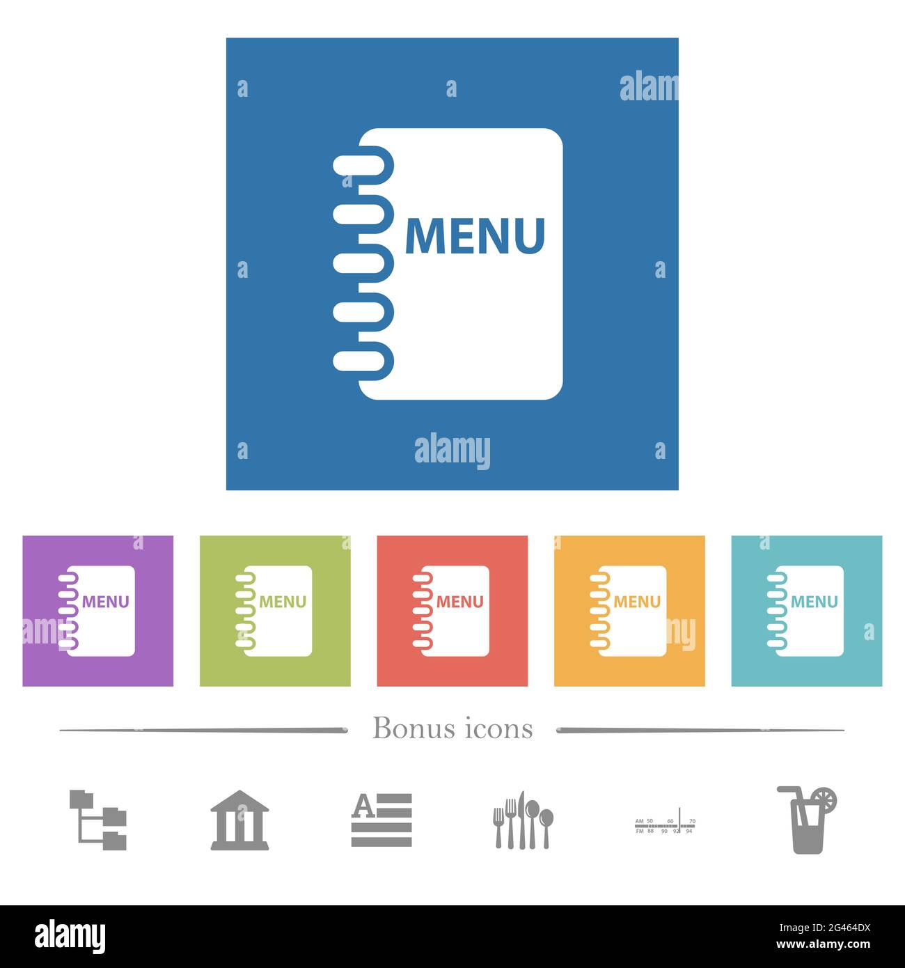 Menu flat white icons in square backgrounds. 6 bonus icons included ...