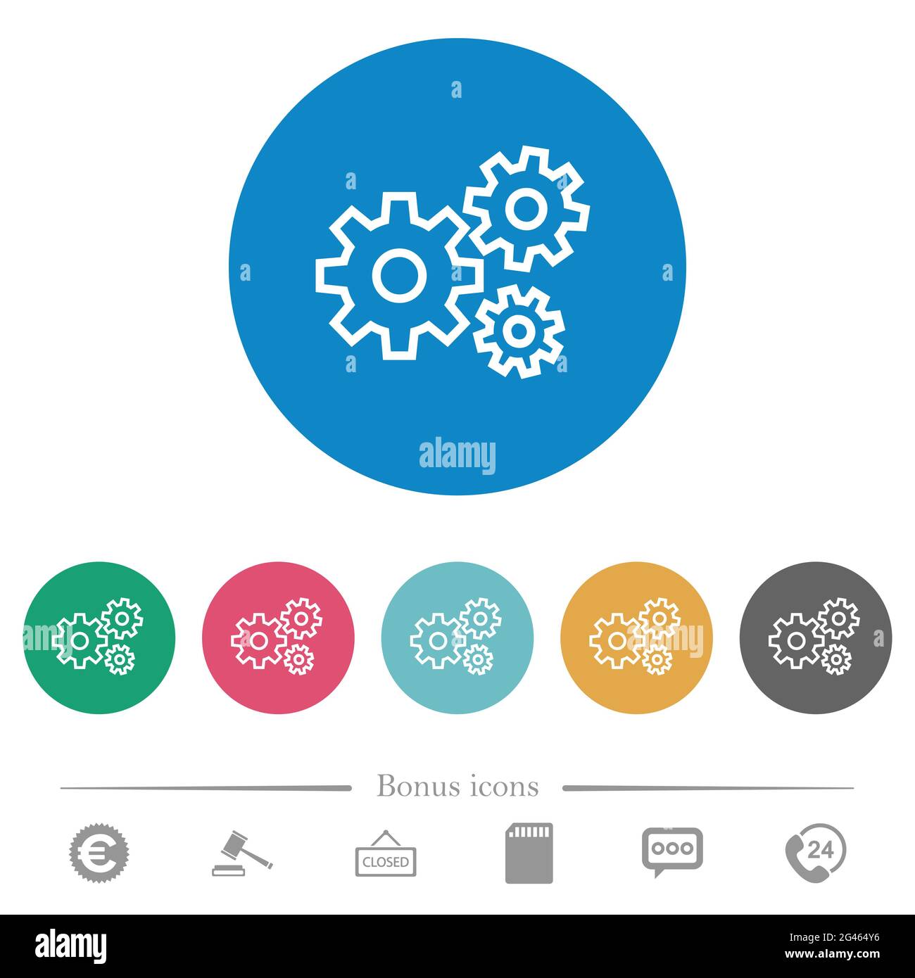 Gears flat white icons on round color backgrounds. 6 bonus icons ...