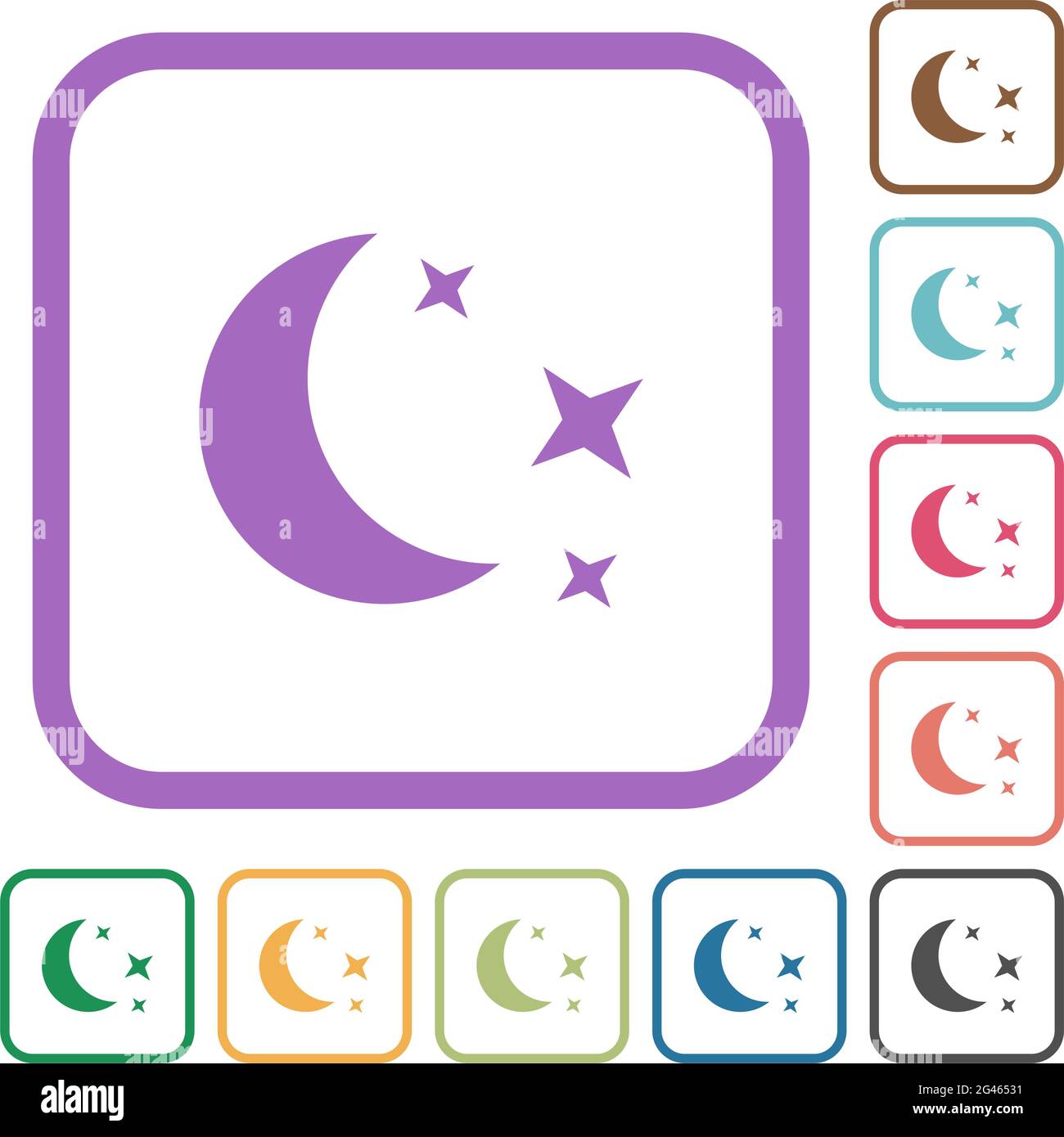 Moonlit night simple icons in color rounded square frames on white ...