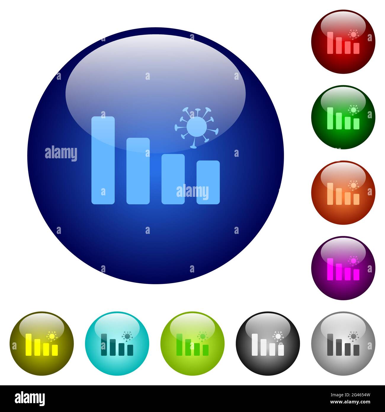 Covid graph icons on round glass buttons in multiple colors. Arranged ...