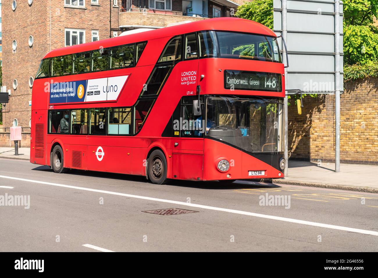Red London Double Decker Bus, Route 148 to Camberwell Green Stock Photo ...