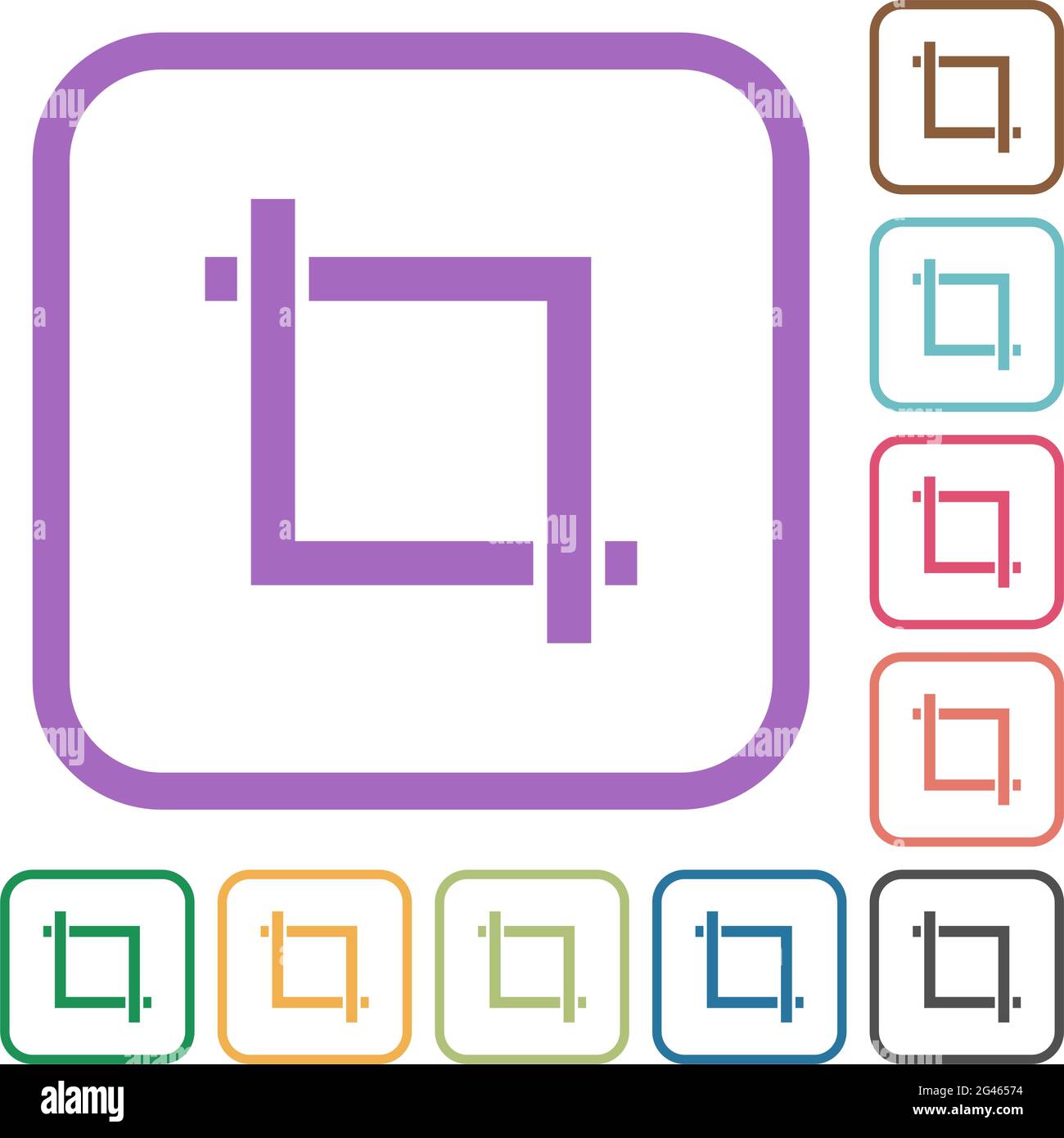 Crop tool simple icons in color rounded square frames on white ...