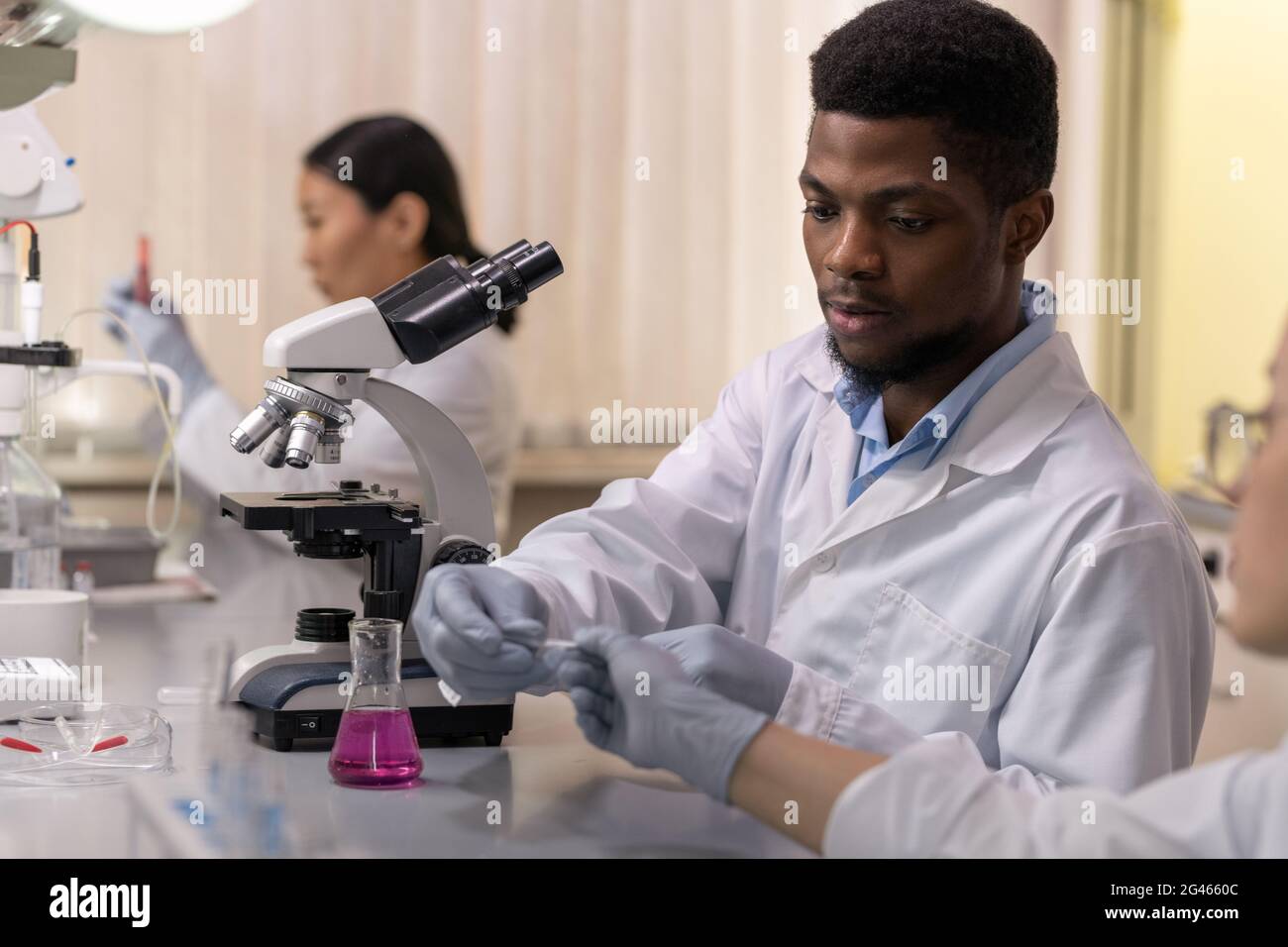 Young gloved male scientist of African ethnicity making scientific ...