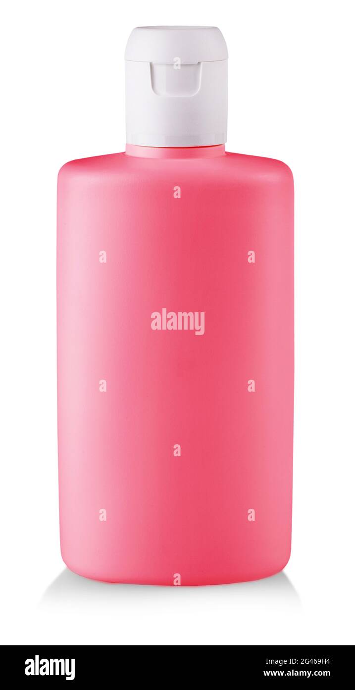 Plastic bottle with soap or shampoo without label reflected on white ...