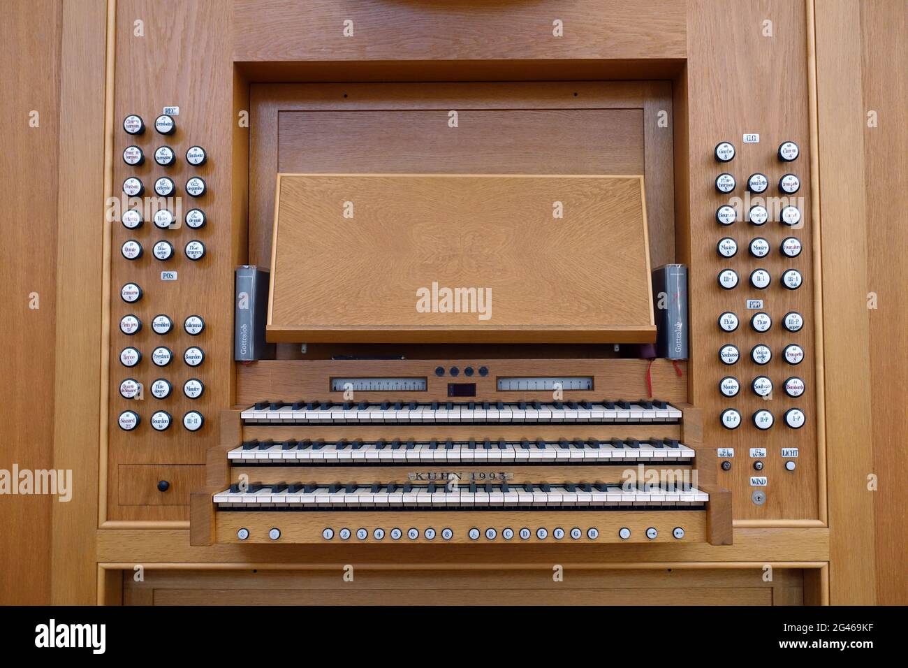 Modern church organ in the Romanesque basilica of St. Kunibert Stock ...