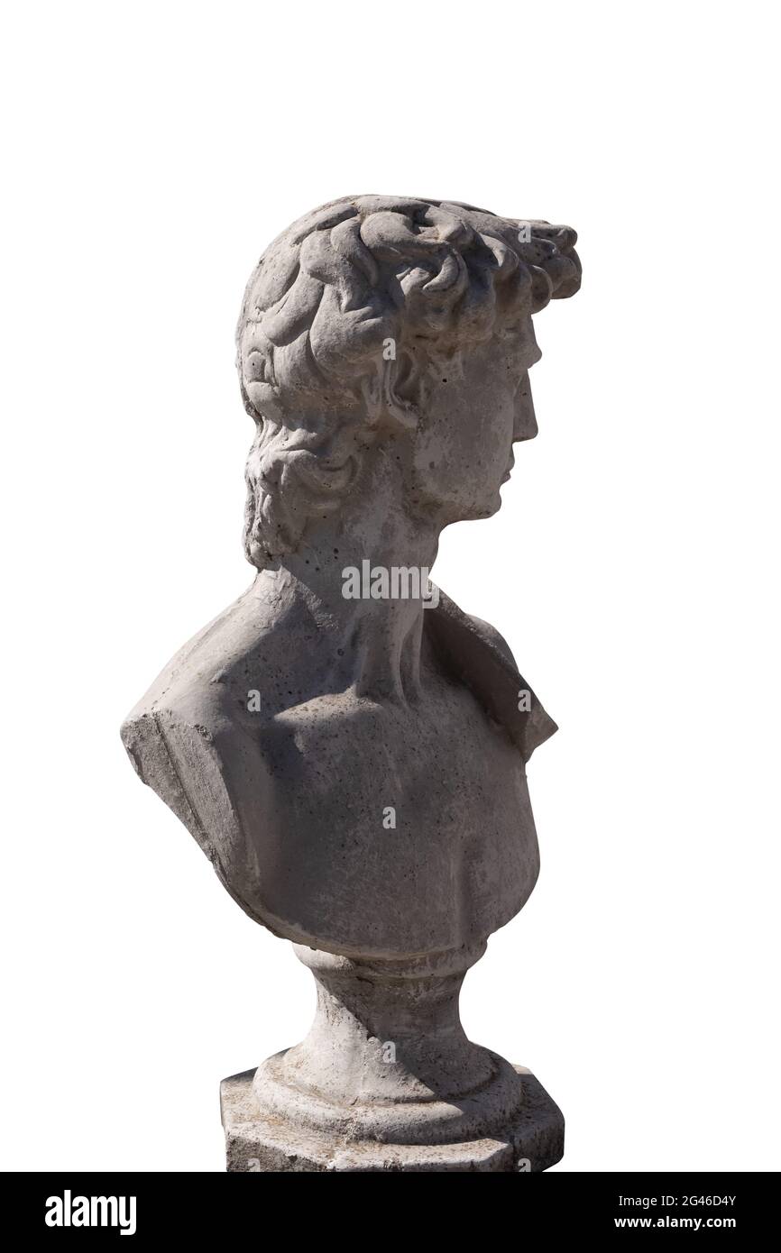 Side view of ancient stone sculpture of man's bust on white background ...