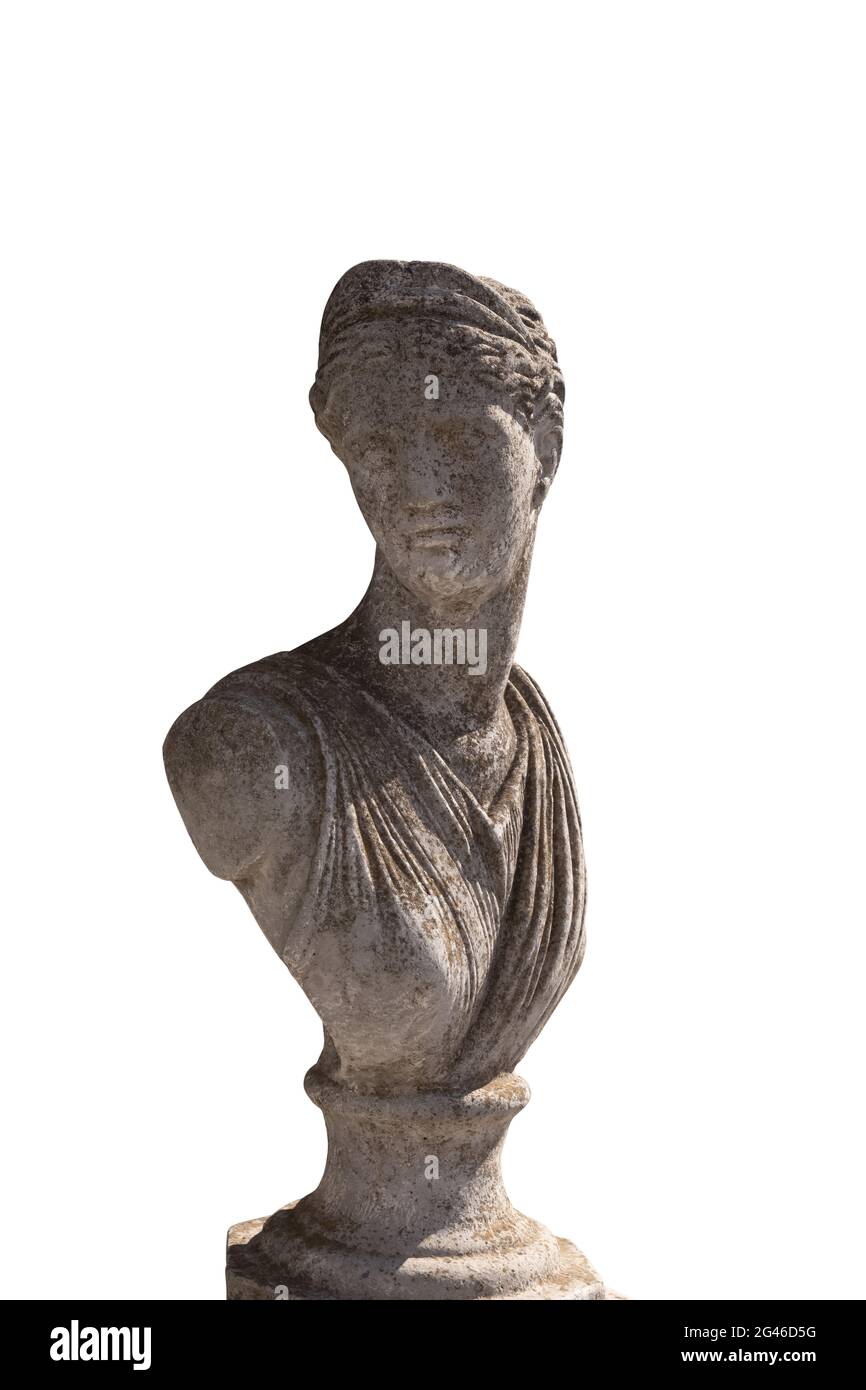 Close up of ancient stone sculpture of woman's bust on white background ...