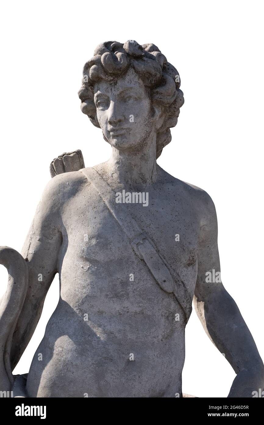 Stone sculpture of male hunter with archer's bag on white background ...