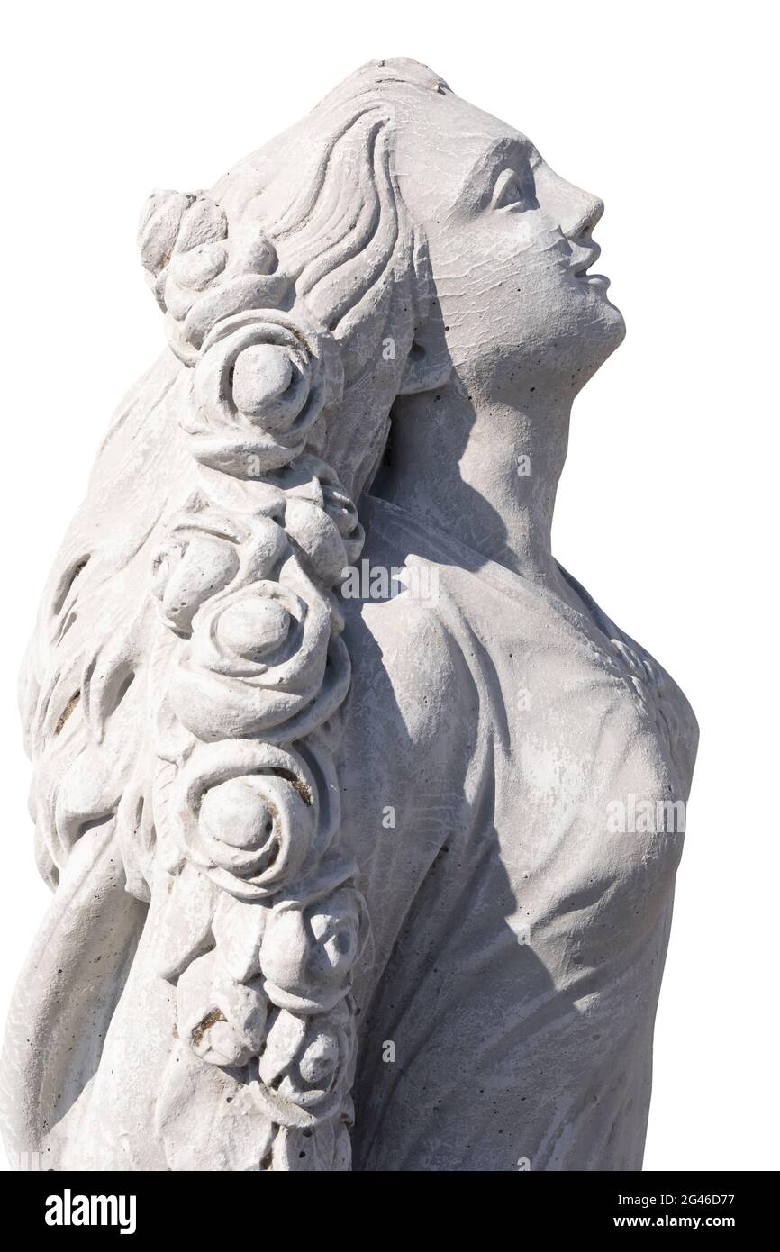 Side view of stone sculpture of woman looking up on white background ...