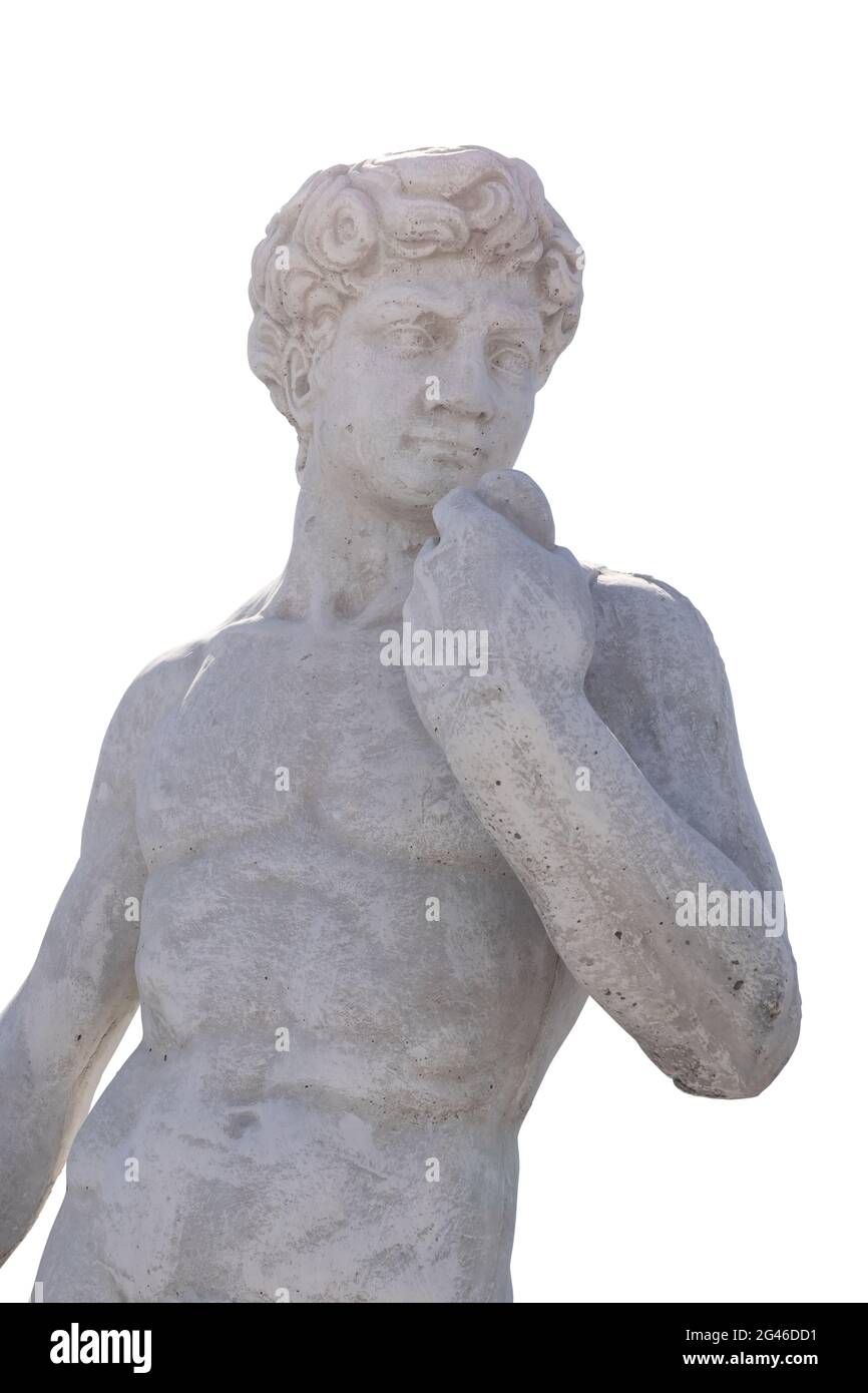Ancient man's upper body stone sculpture on white background Stock ...