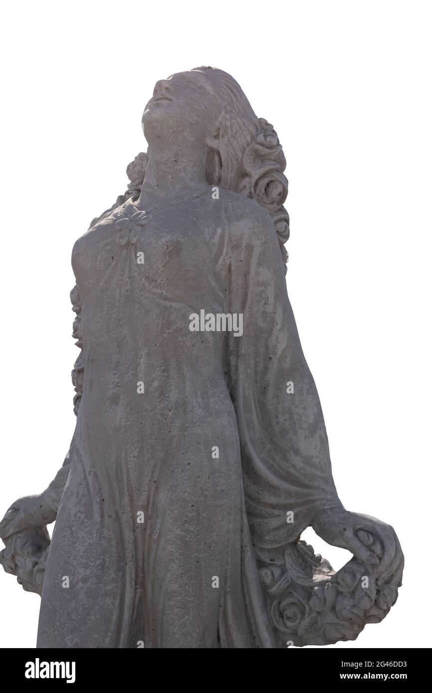 Stone sculpture of woman looking up on white background Stock Photo - Alamy