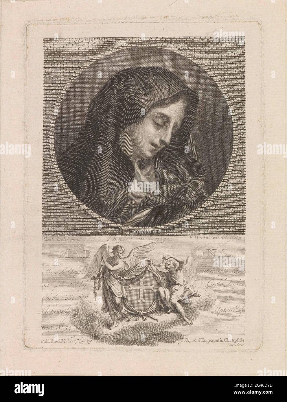 Maria. Maria in tears. Text and a shield flanked by angels in ...