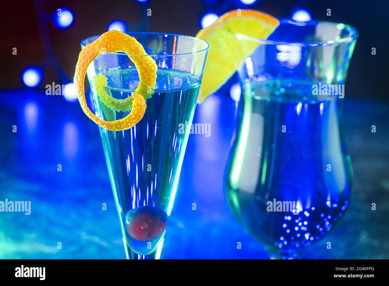 Traditional cocktail volcano with blue curacao and champaign offered as ...