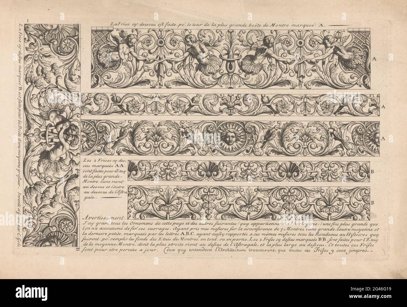 Six Frisians with putti, birds and apollomaskers; Ornamented designs ...