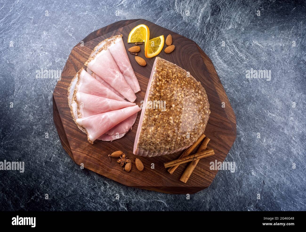 Modern style traditional German boiled Christmas ham with almond Stock ...