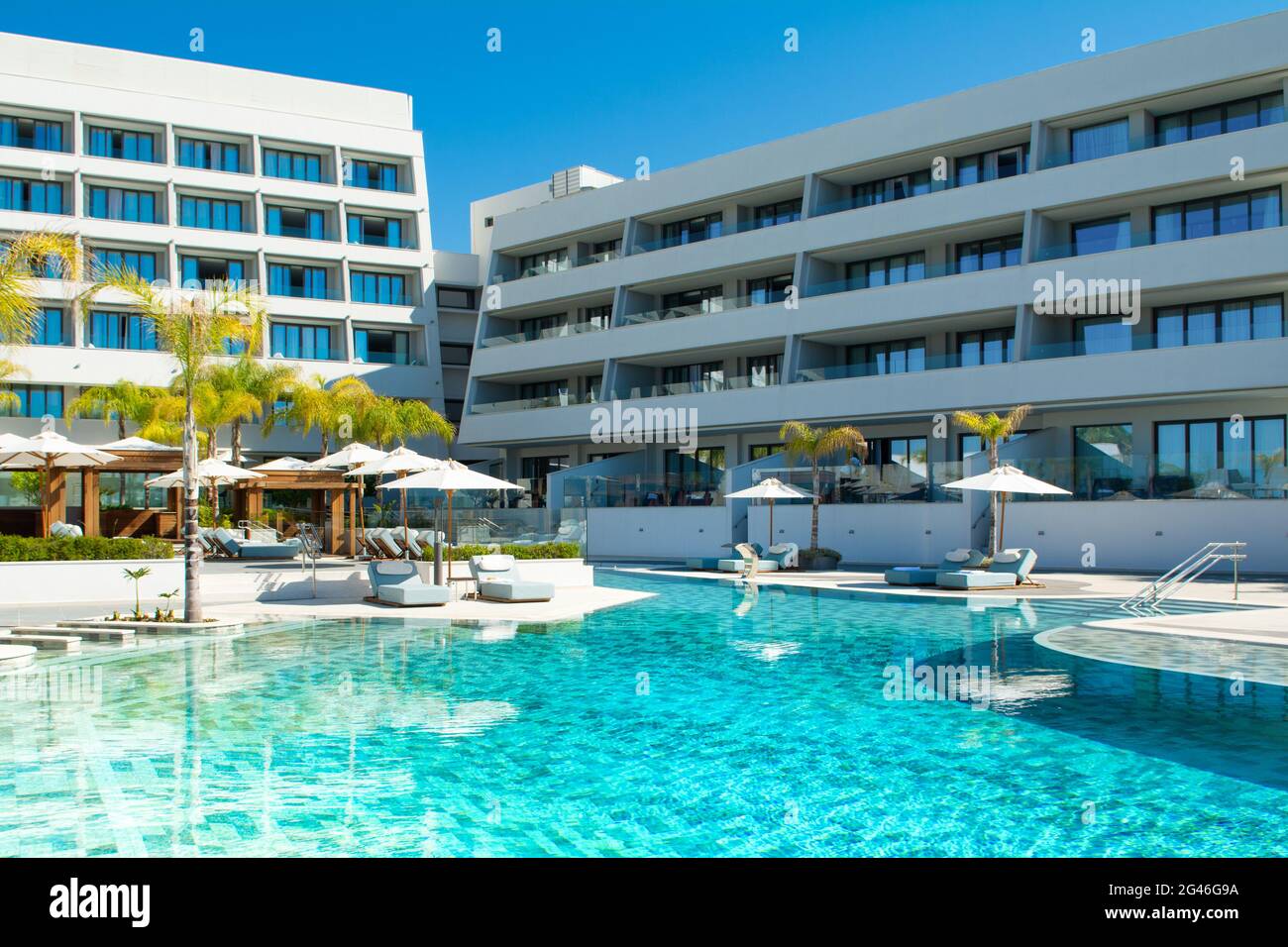 Limassol, Cyprus - May 19, 2021: Pool area in luxury modern hotel on ...