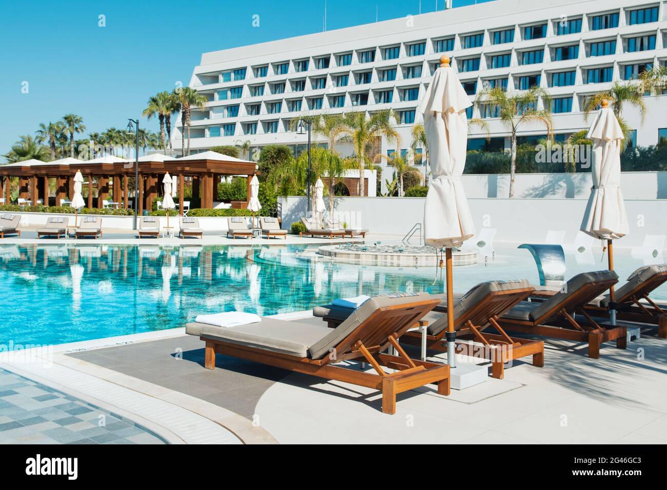 Limassol, Cyprus - May 19, 2021: Pool area in luxury modern hotel with ...