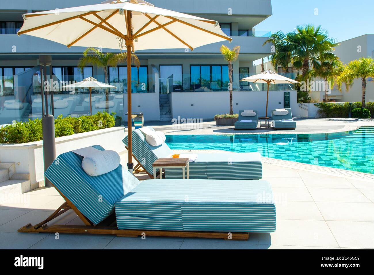 Limassol, Cyprus - May 19, 2021: Pool area in luxury modern hotel with ...