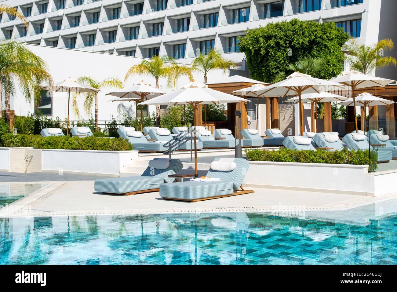 Limassol, Cyprus - May 19, 2021: Pool area in luxury modern hotel with ...