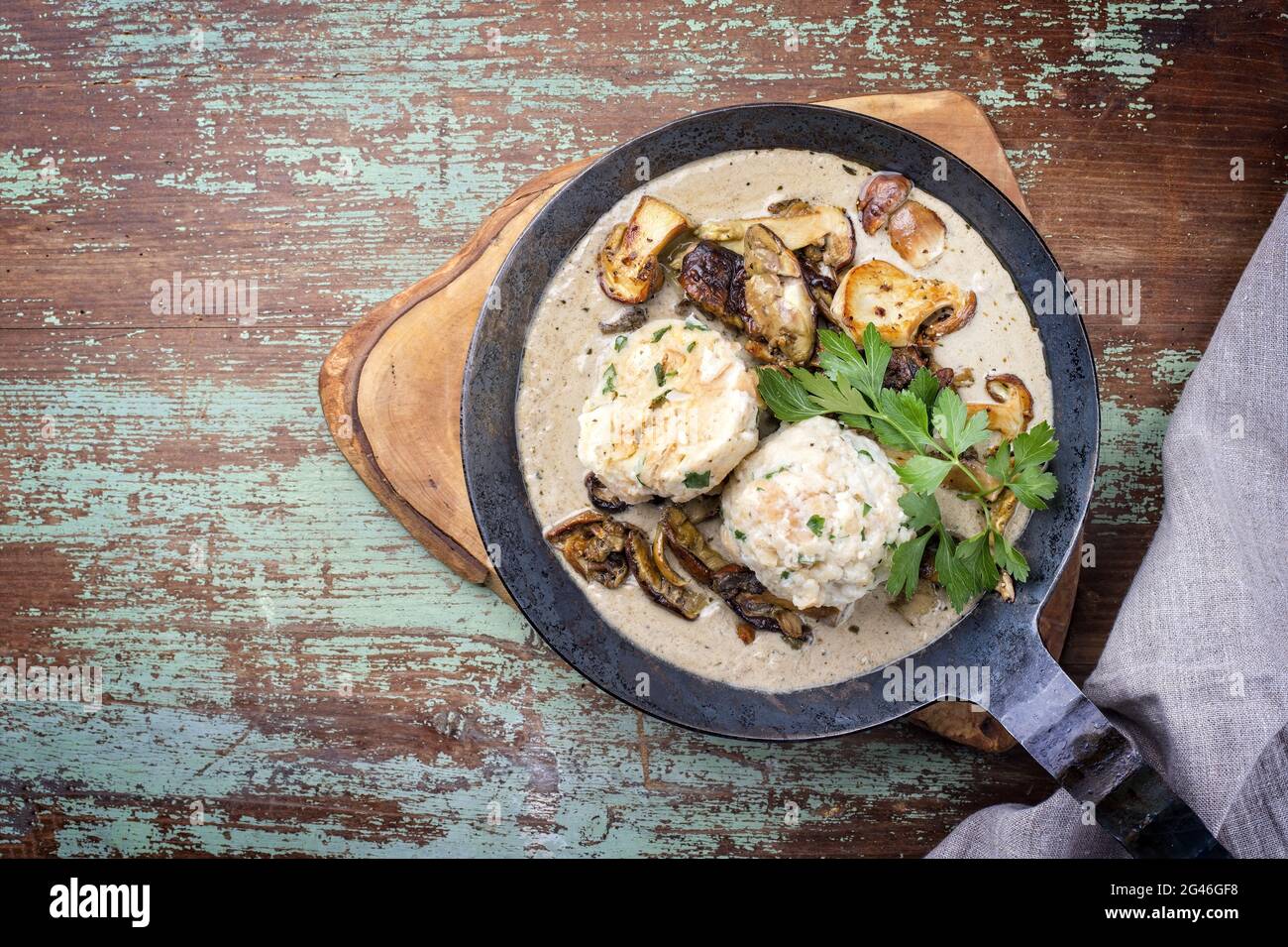 Modern style traditional German cooked porcini mushroom soup with ...