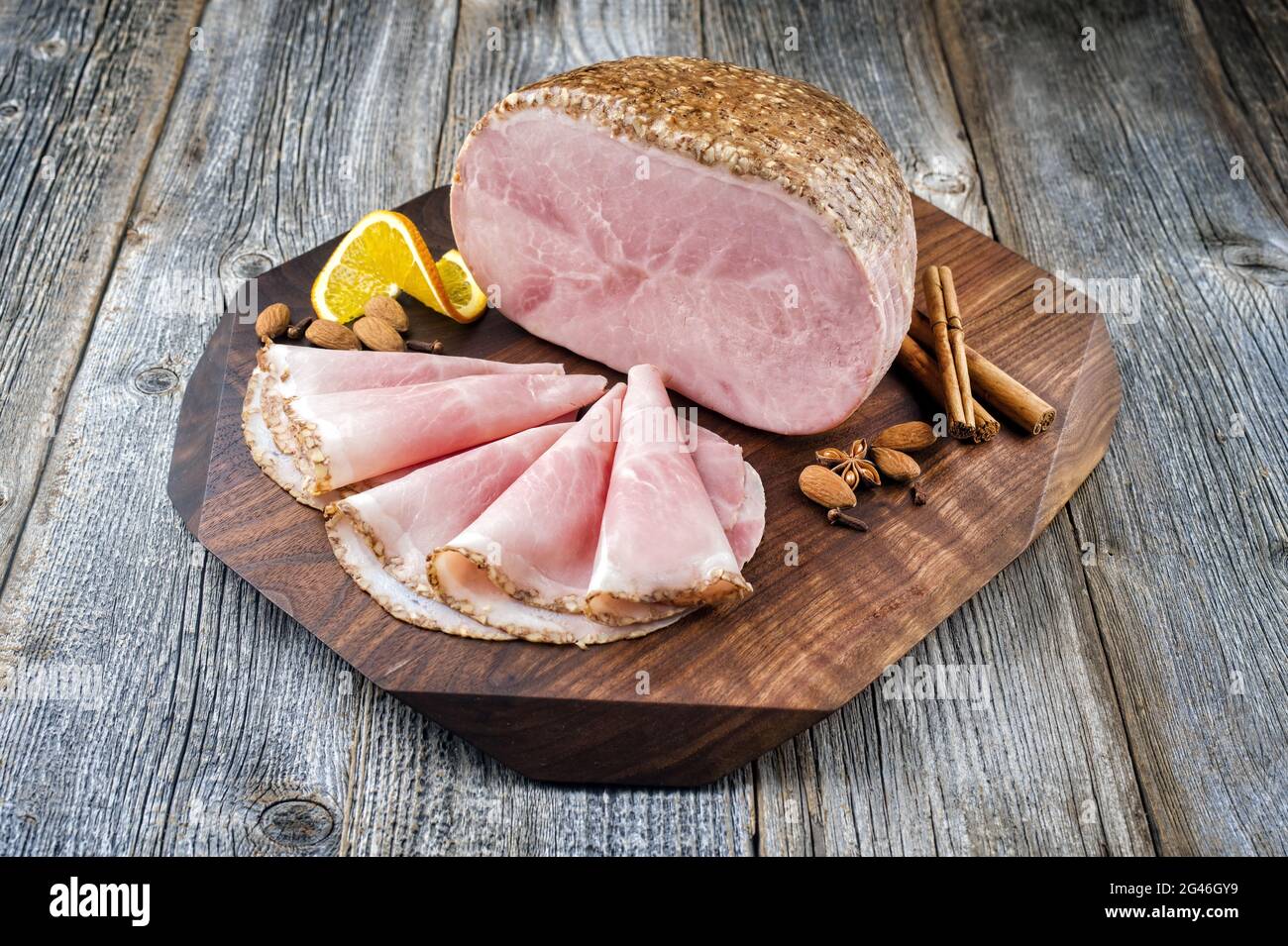 Traditional German boiled Christmas ham with almond Stock Photo - Alamy