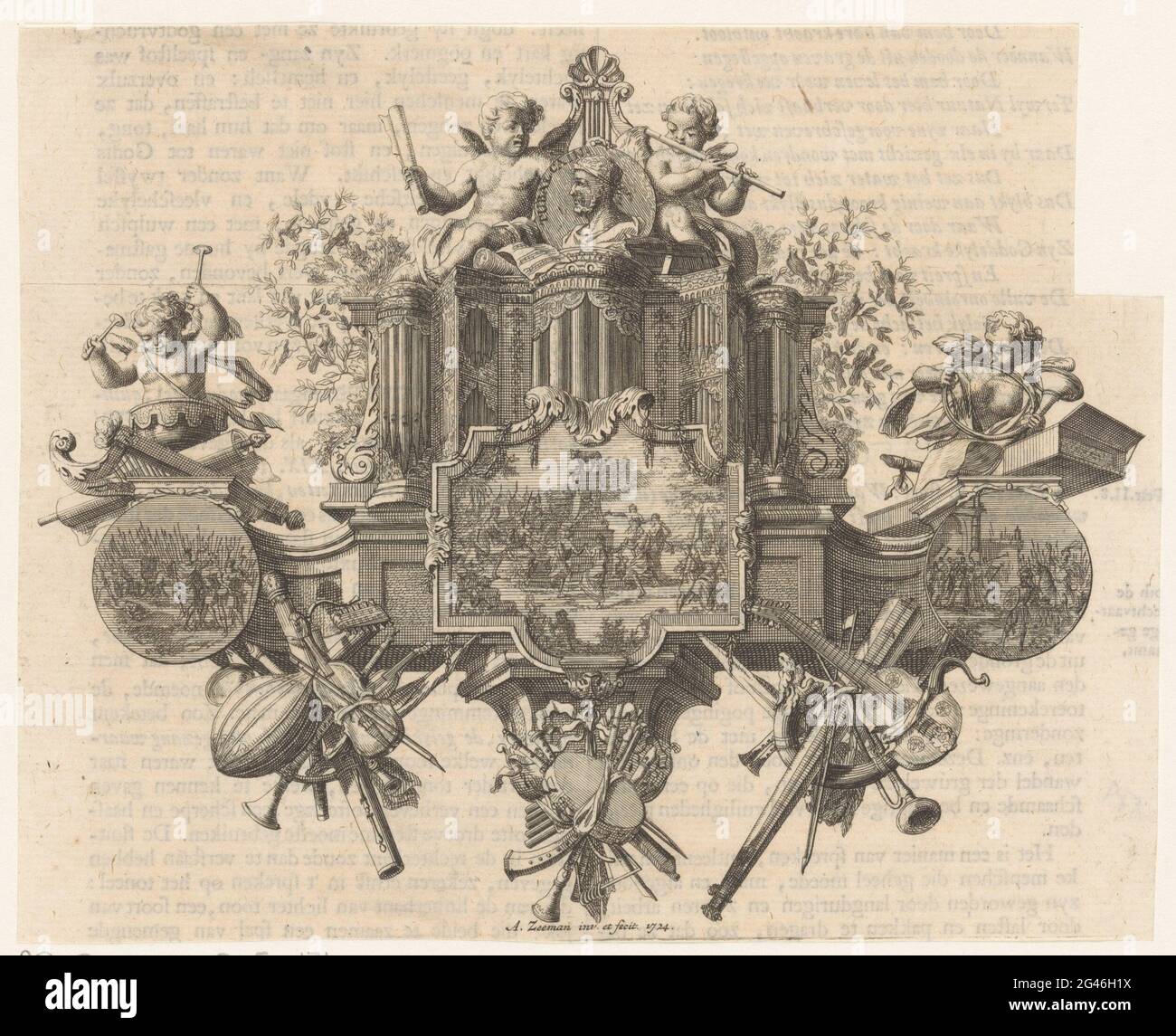 Allegorical performance about music around the portrait of Tubal-Cain ...