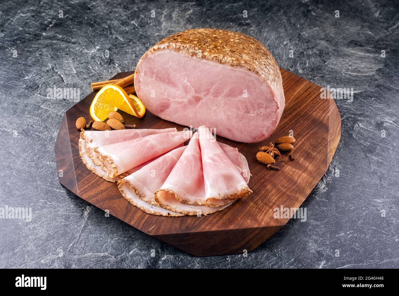 Traditional German boiled Christmas ham with almond Stock Photo - Alamy