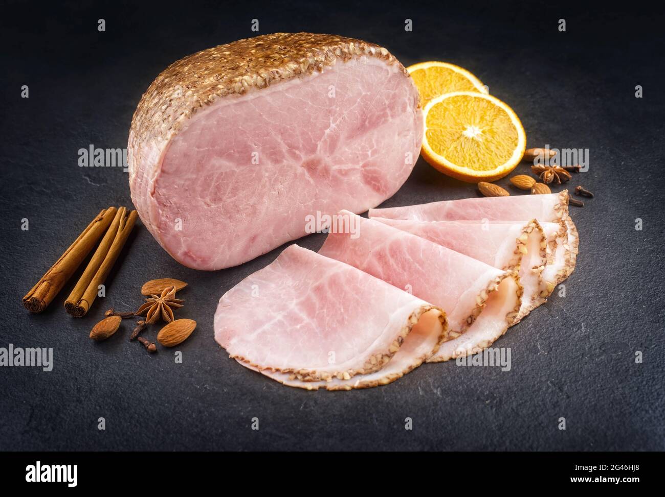 Modern style traditional German boiled Christmas ham with almond Stock ...