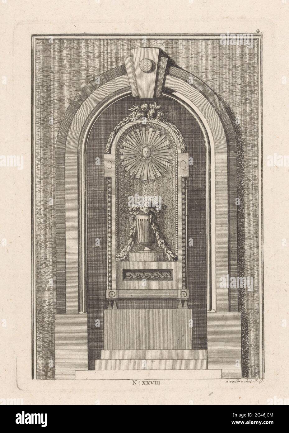 Graft with vase; Wall graves. Design for a tomb with a round arch. In ...