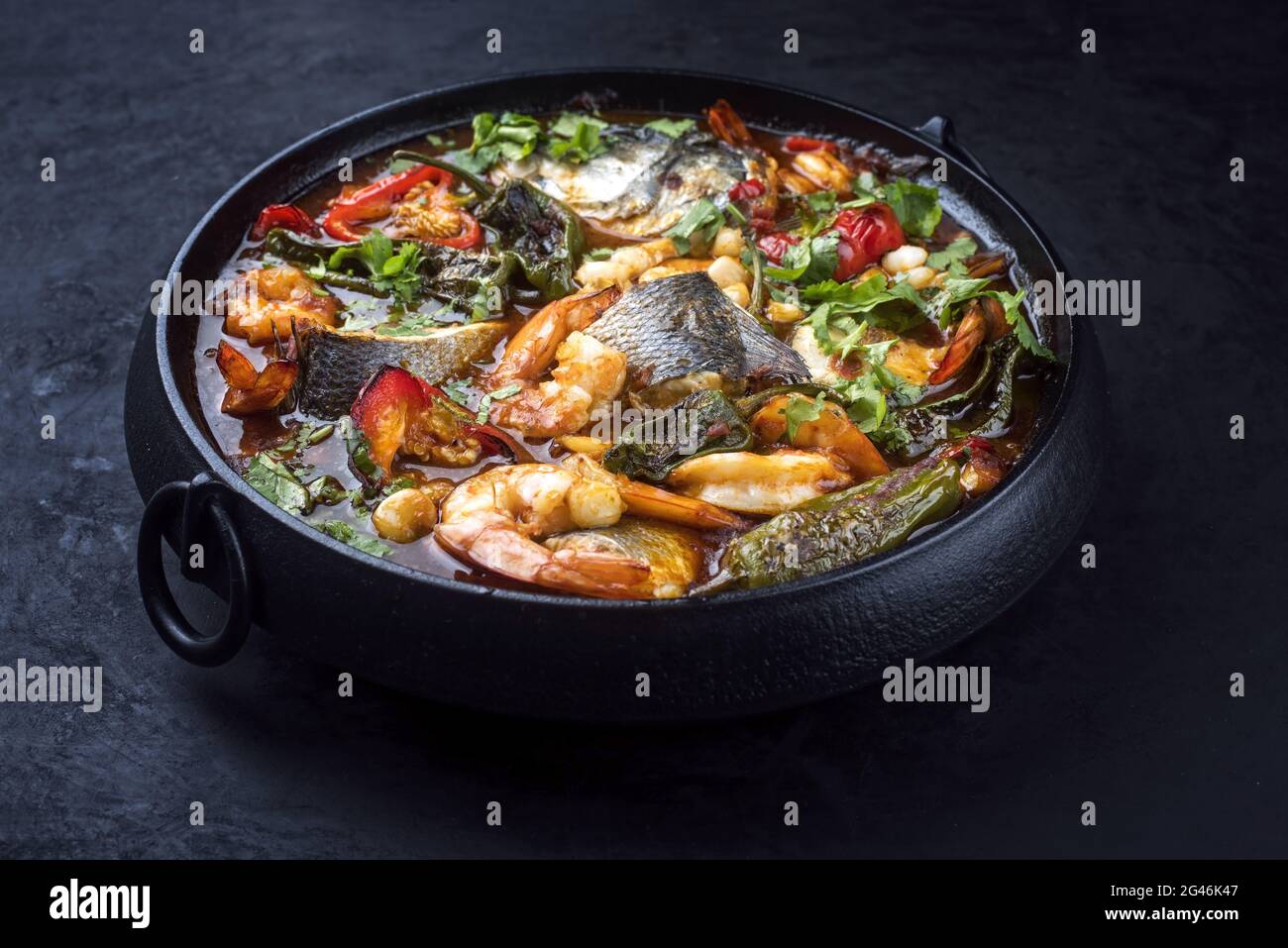 Modern style traditional Mexican seafood pozole soup with fish Stock ...