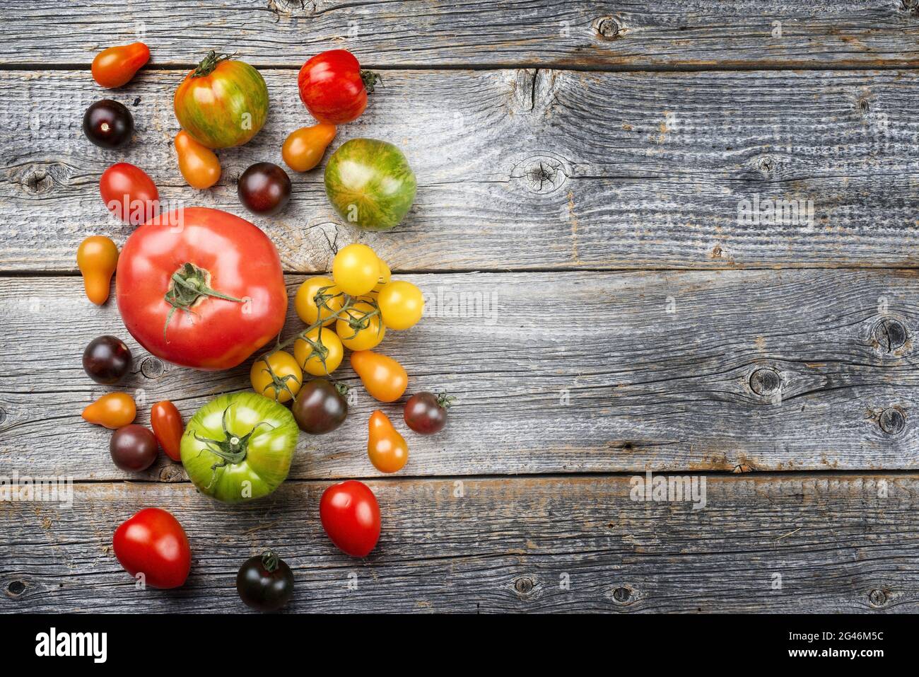 Traditional Italian fresh tomato collection offered as top view on a ...