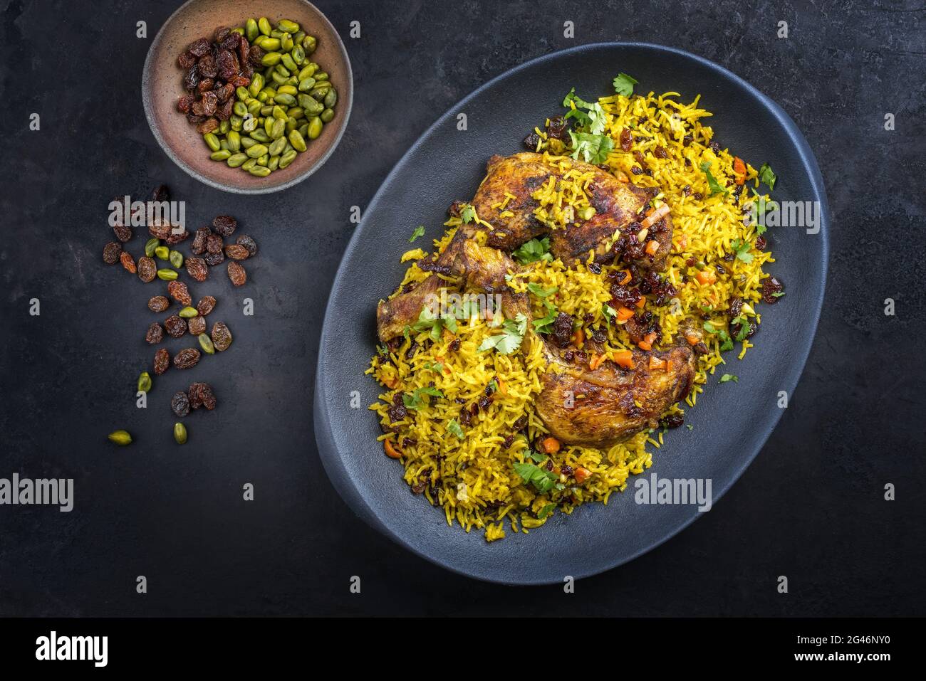 Modern style traditional fried Arabic chicken majboos with chicken leg ...