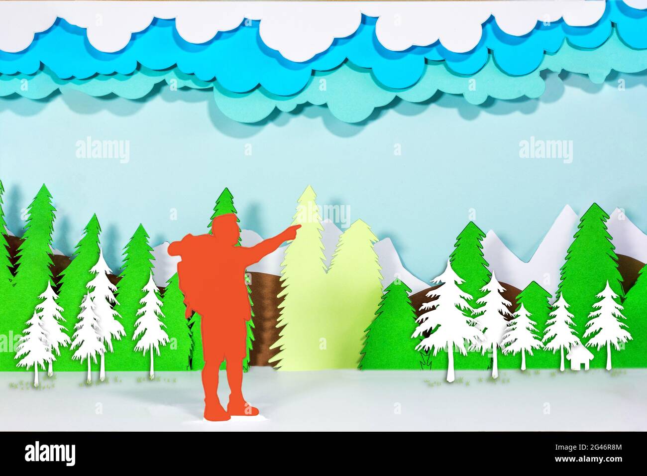 Creative papercraft of the forest with mountain range and a hiker Stock ...