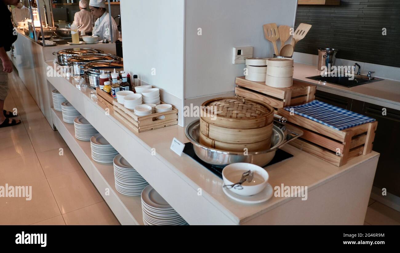 food Buffet Serving Line at a five star hotel dining hall Bangkok ...