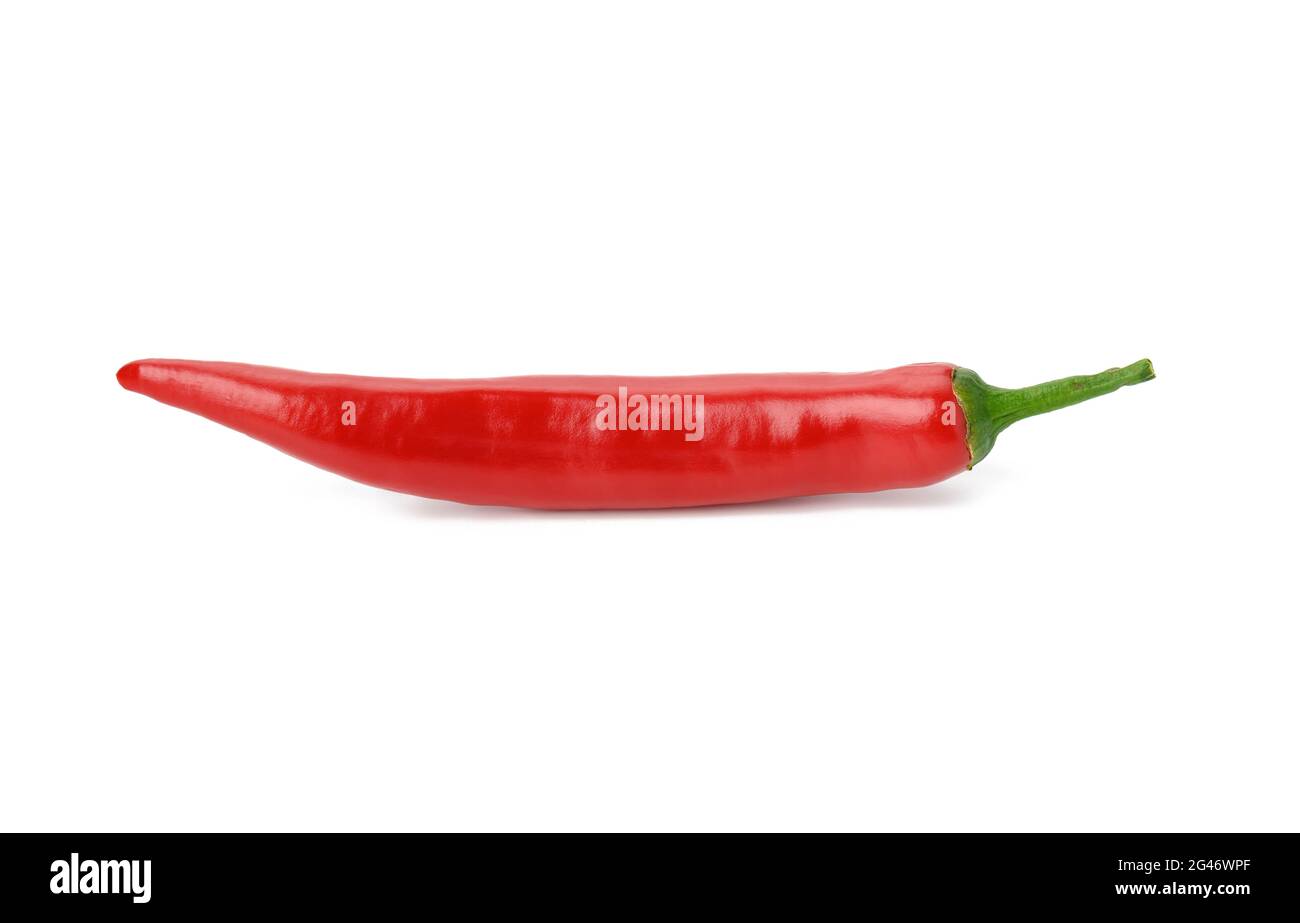Whole ripe red chili pepper pod isolated on white background. Hot spice ...