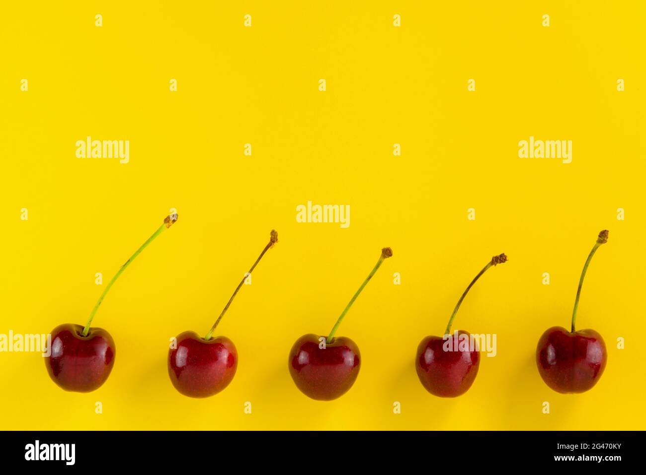 Row of red cherries as low frame on yellow background with copy space ...