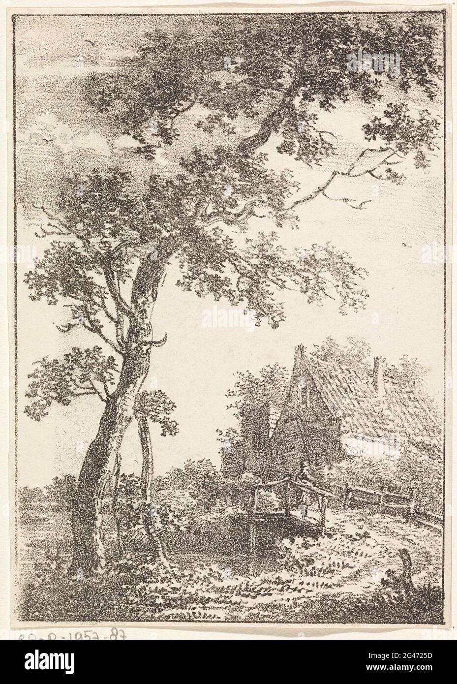 Landscape with tree, bridge and house. Next to the country road is a ...