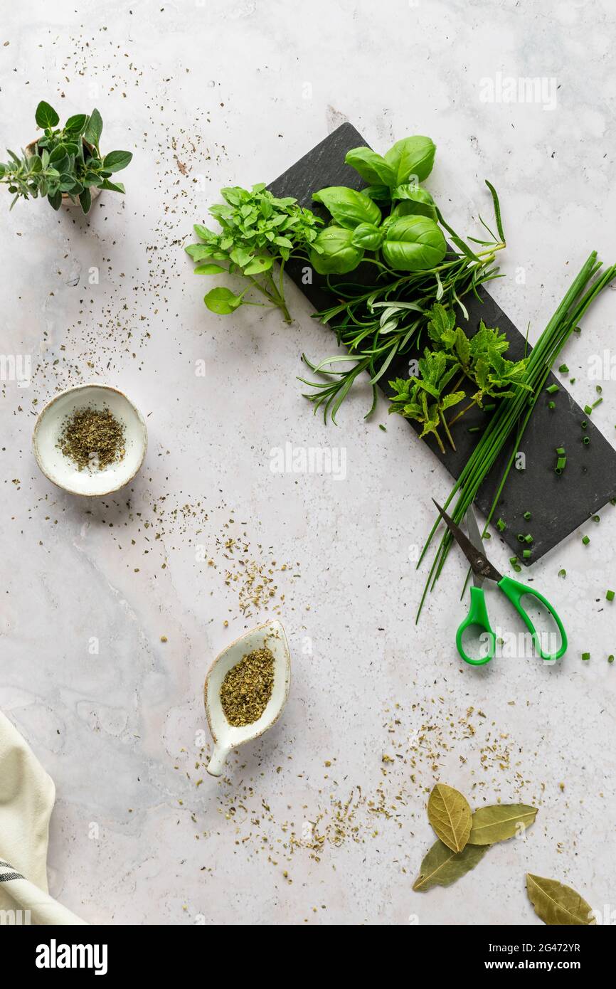 Fresh and dried green herbs being cut Stock Photo - Alamy