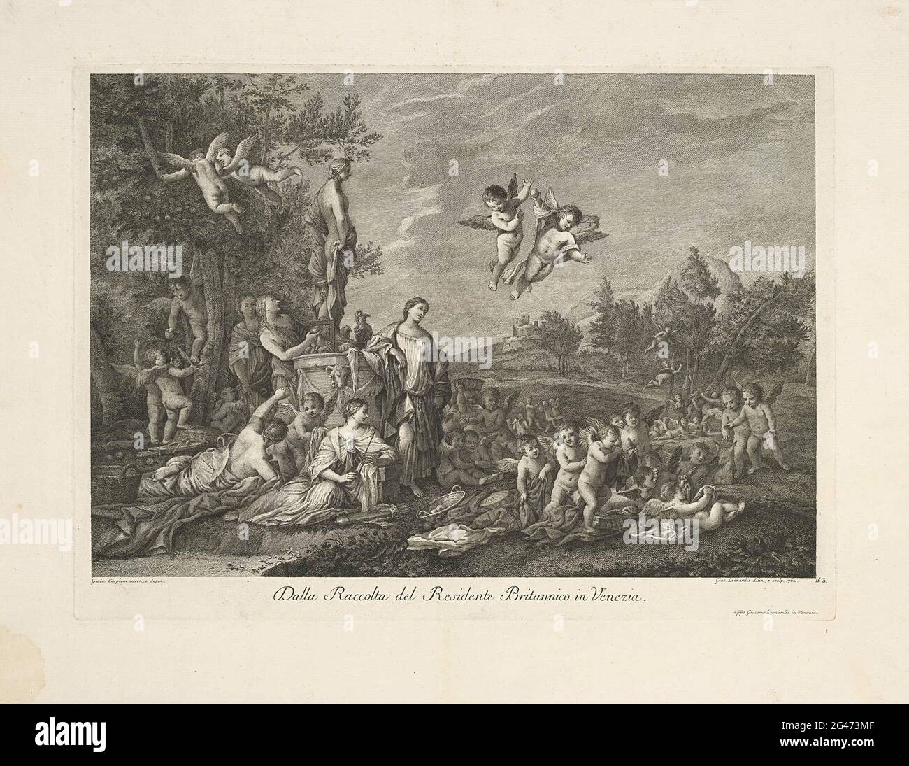 Landscape with women and putti at statue. A landscape with a group of ...