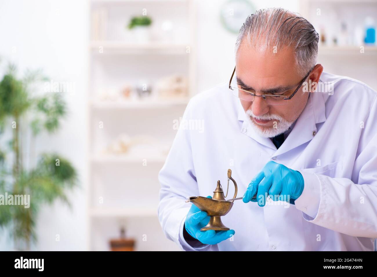 Old male archaeologist working in the lab Stock Photo - Alamy